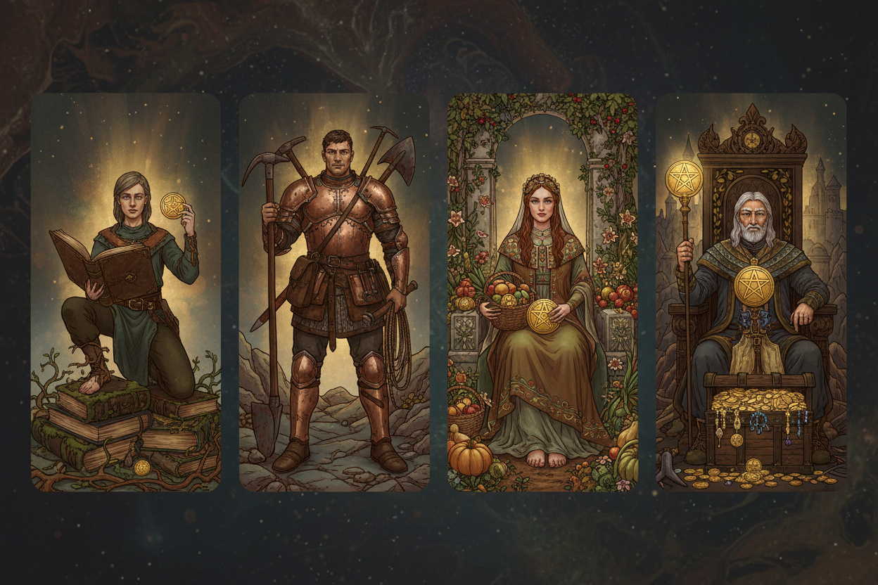 Court Cards in Pentacles: Page, Knight, Queen, King Personalities ...