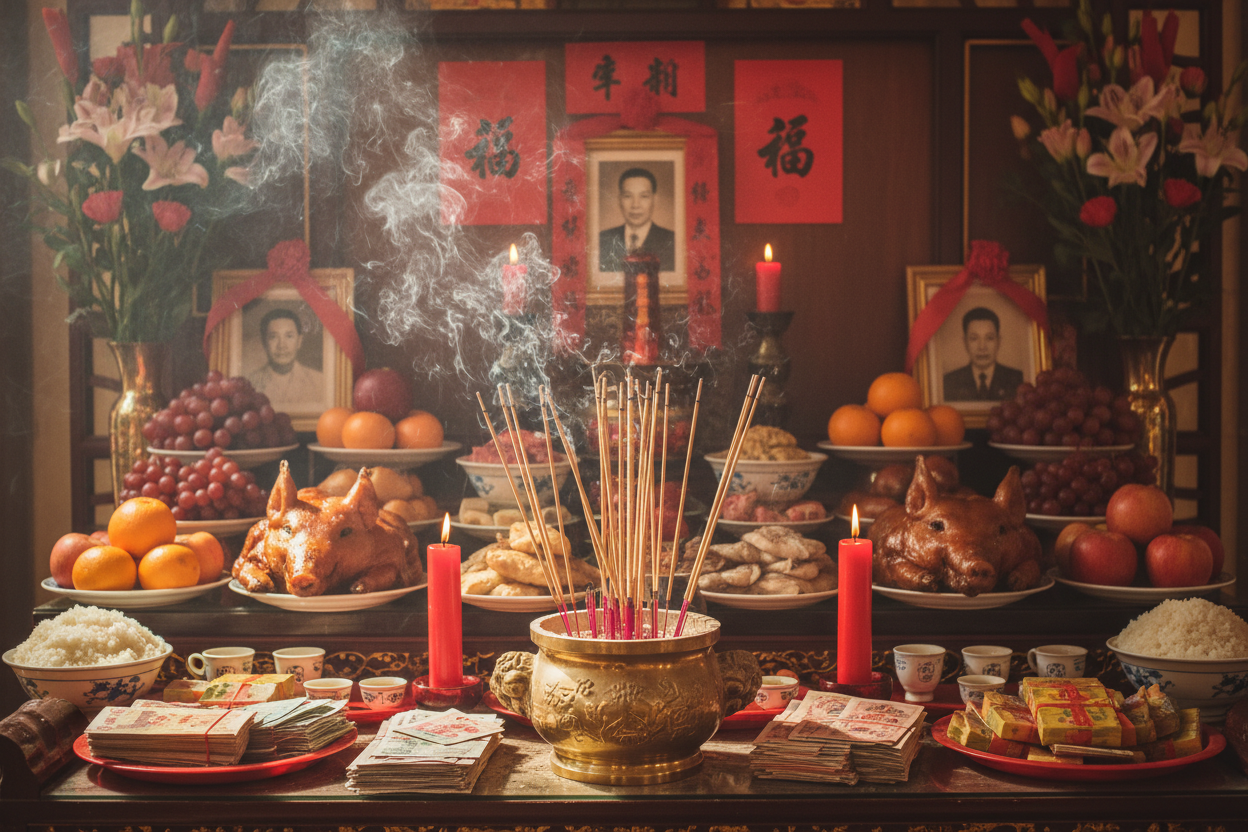 Hungry Ghost Altar: Incense, Food Offerings, and Protection Symbols ...