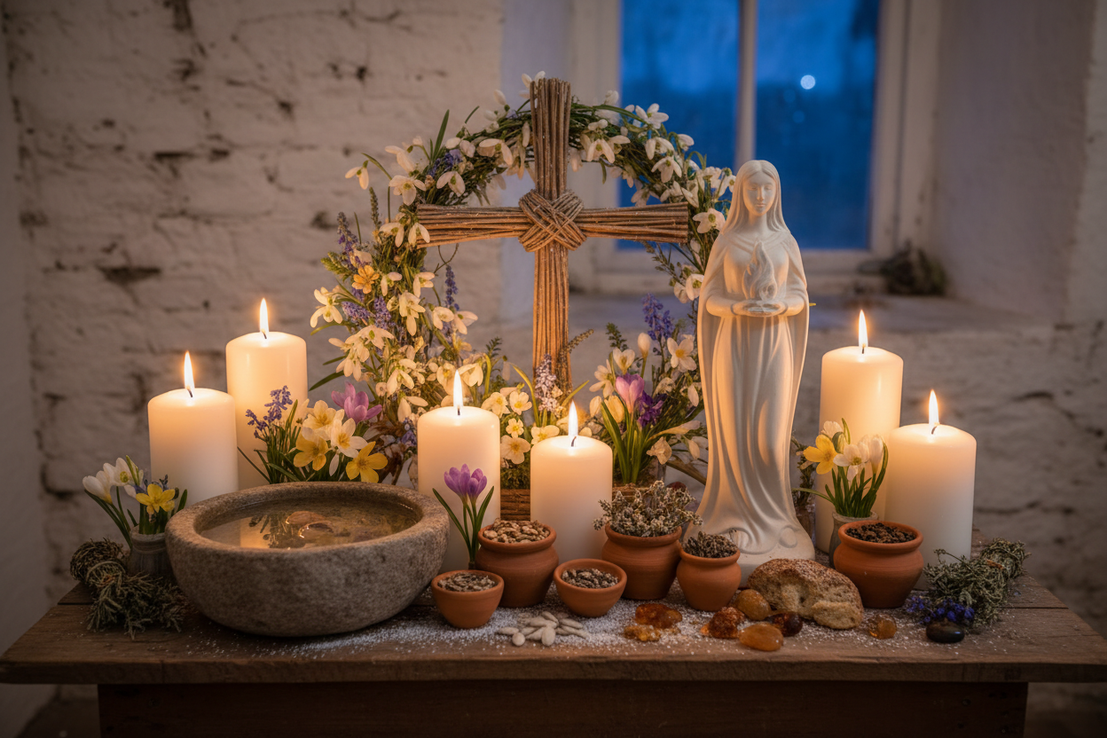 Imbolc Altar: Candles, Brigid's Cross, and Early Spring Symbols ...