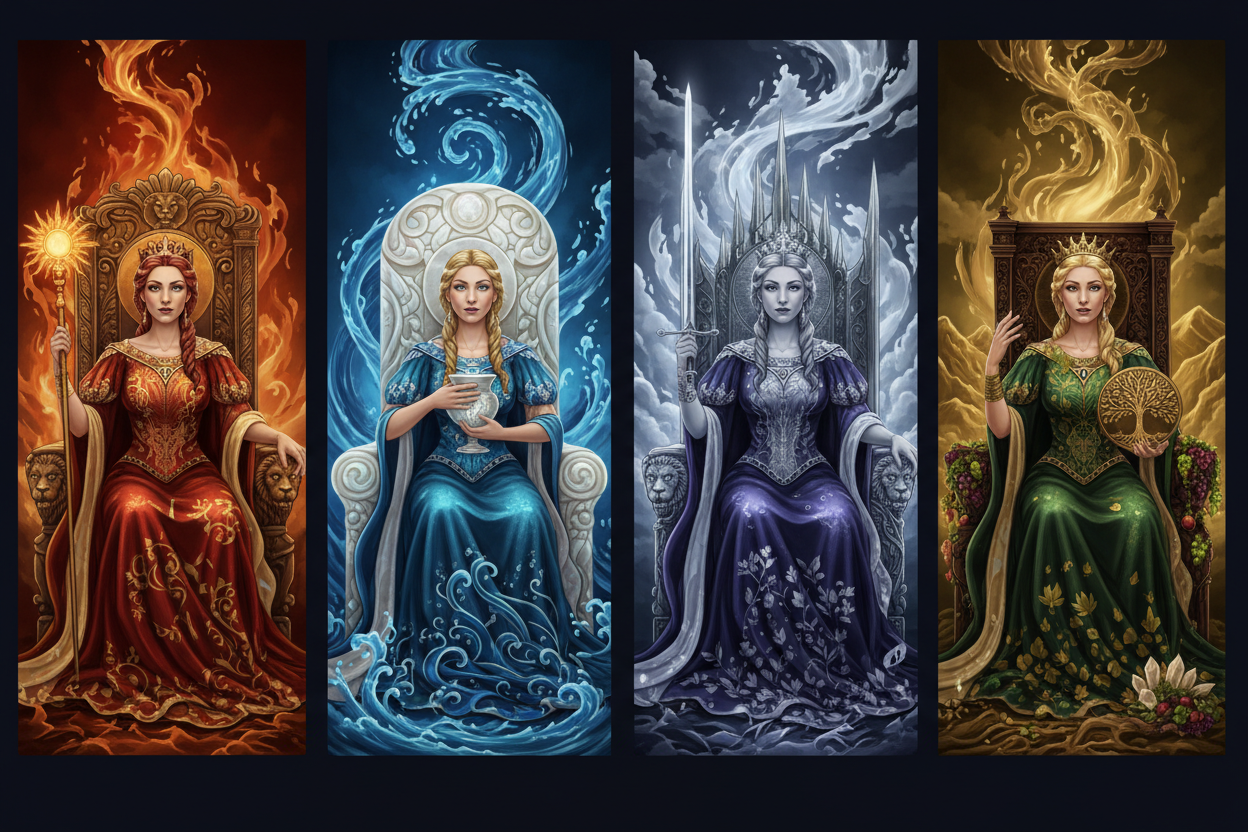 Queen of Wands vs Cups vs Swords vs Pentacles | Court Cards Comparison ...