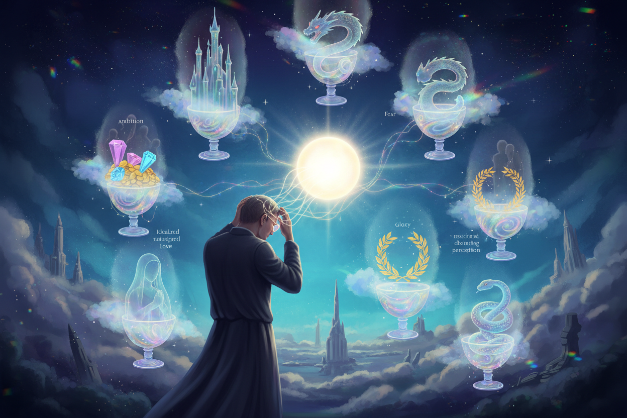 Seven of Cups: Fantasy, Illusion, and Over-Projection | Cups Psychology ...