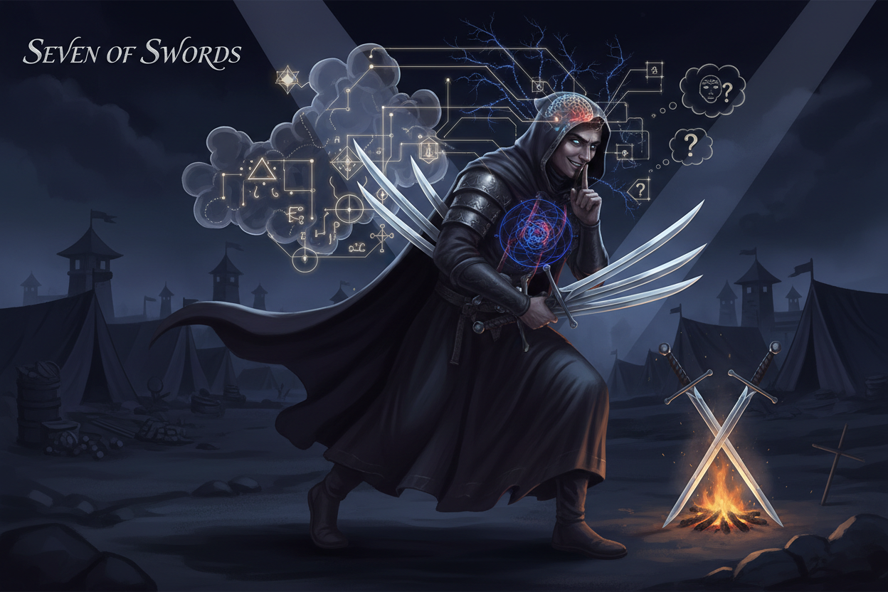 Seven of Swords: Strategic Withdrawal and Hidden Motives | Swords ...